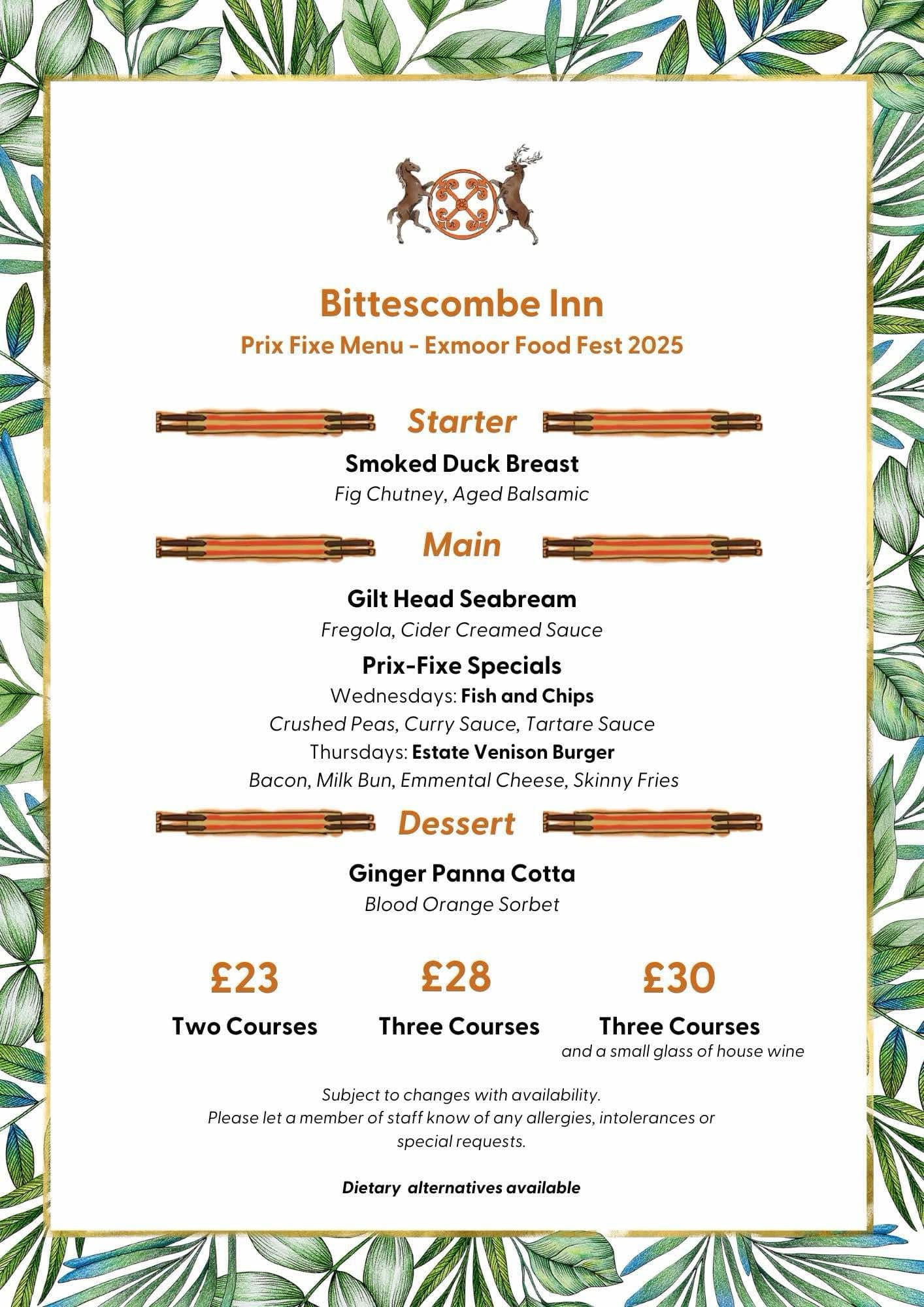This week’s ExFF menu at The Bittescombe Inn – Exmoor Food Fest